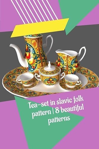 Tea set in slavic folk pattern 3D model | CGTrader