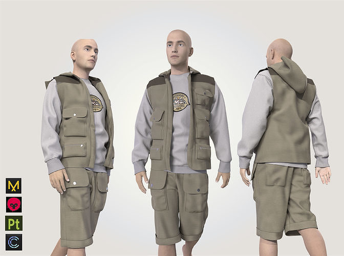 Tactical man outfit streetwear shorts jacket shirt 3D model | CGTrader