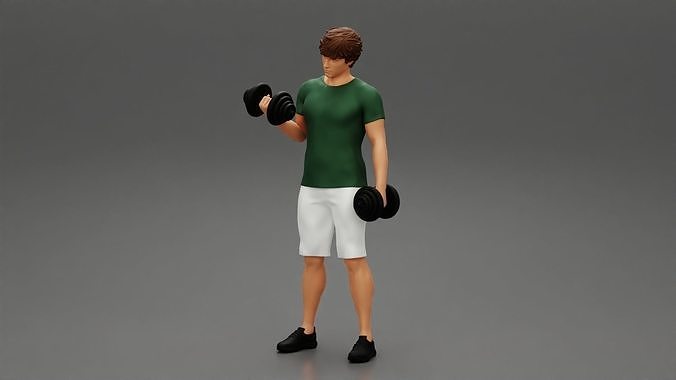 Muscular working out in gym doing exercises dumbbells at biceps 3D ...