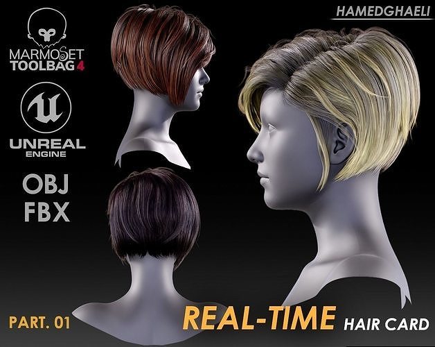 3D model Real Time Hair Card Female Hairstyle part 01 VR / AR / low ...