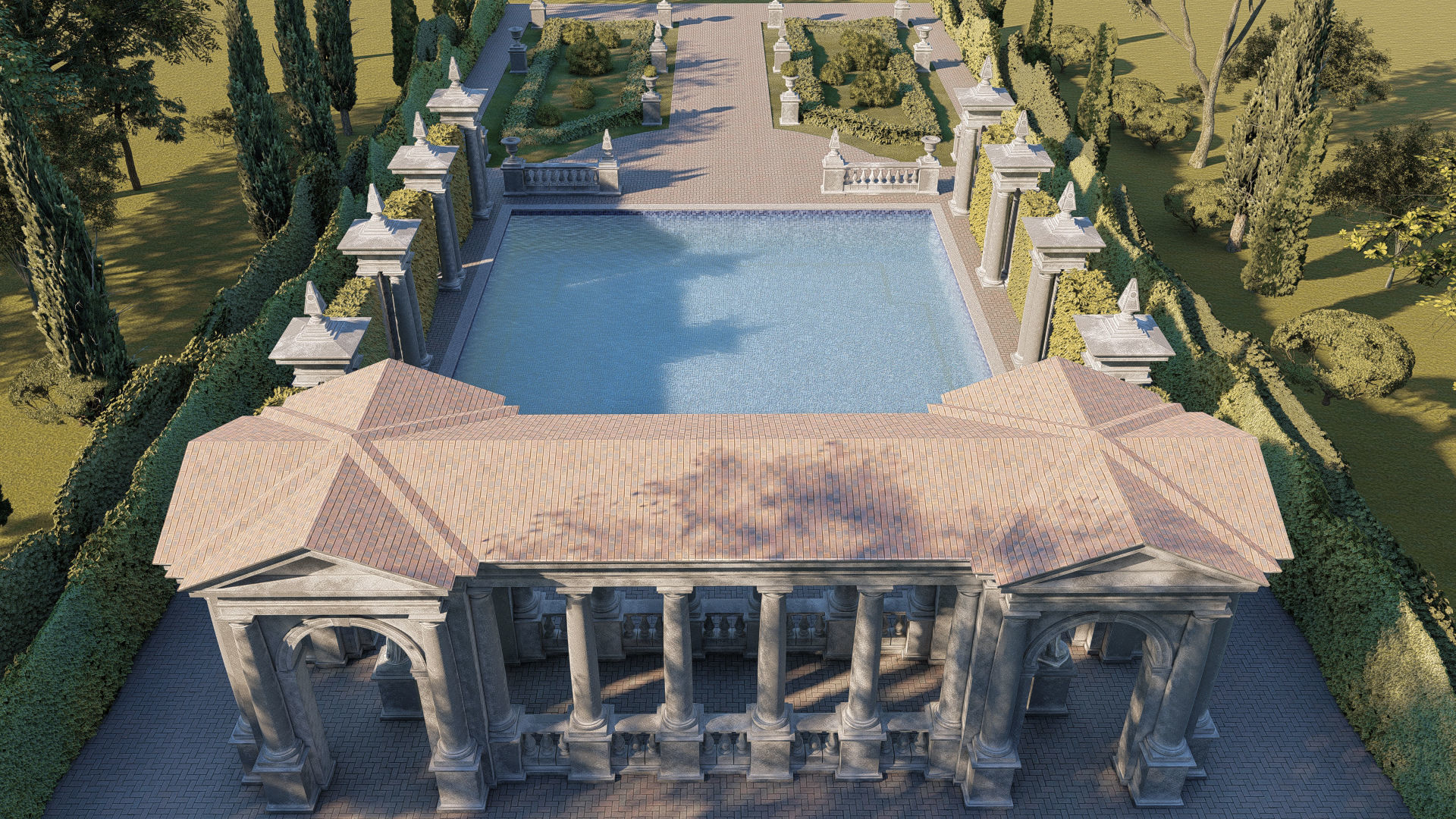 Exteriors swimming pool with classical columns Tuscan column 3D model ...