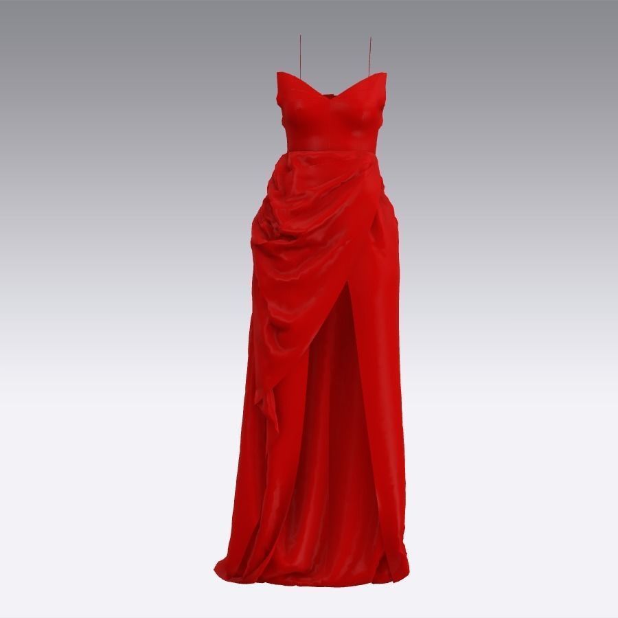 3D model dress red draped heart neckline slit skirt long VR / AR / low ...