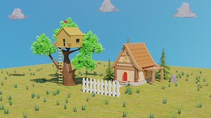 3D model Low Poly Tree House Scene with Vibrant Colors for Kids VR / AR ...