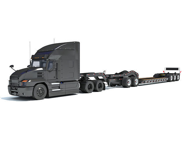 Semi Truck with Lowboy Trailer 3D model | CGTrader