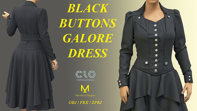 Black Buttons Galore Dress 3D model | CGTrader