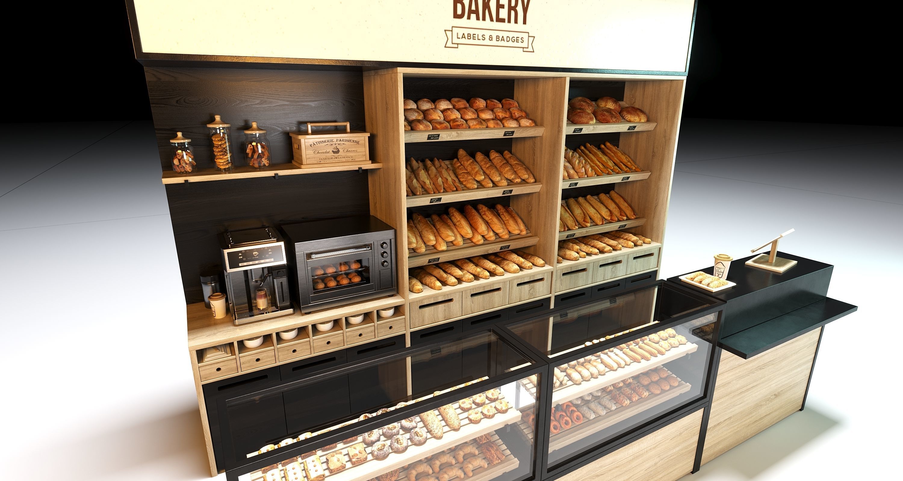 Bakery display with breads and pastries 3D model | CGTrader