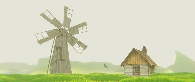 Rustic House on Grassy Landscape with Windmill and Birds free 3D model ...