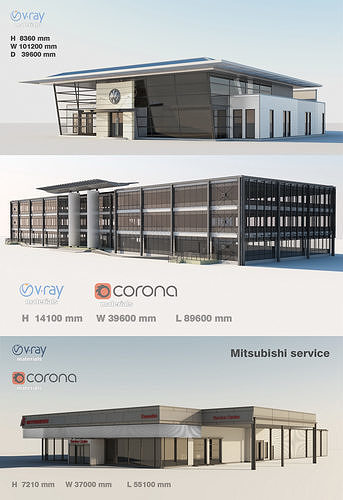 Office buildings Volkawagen Good Guys Mitsubishi 3D Model Collection | CGTrader