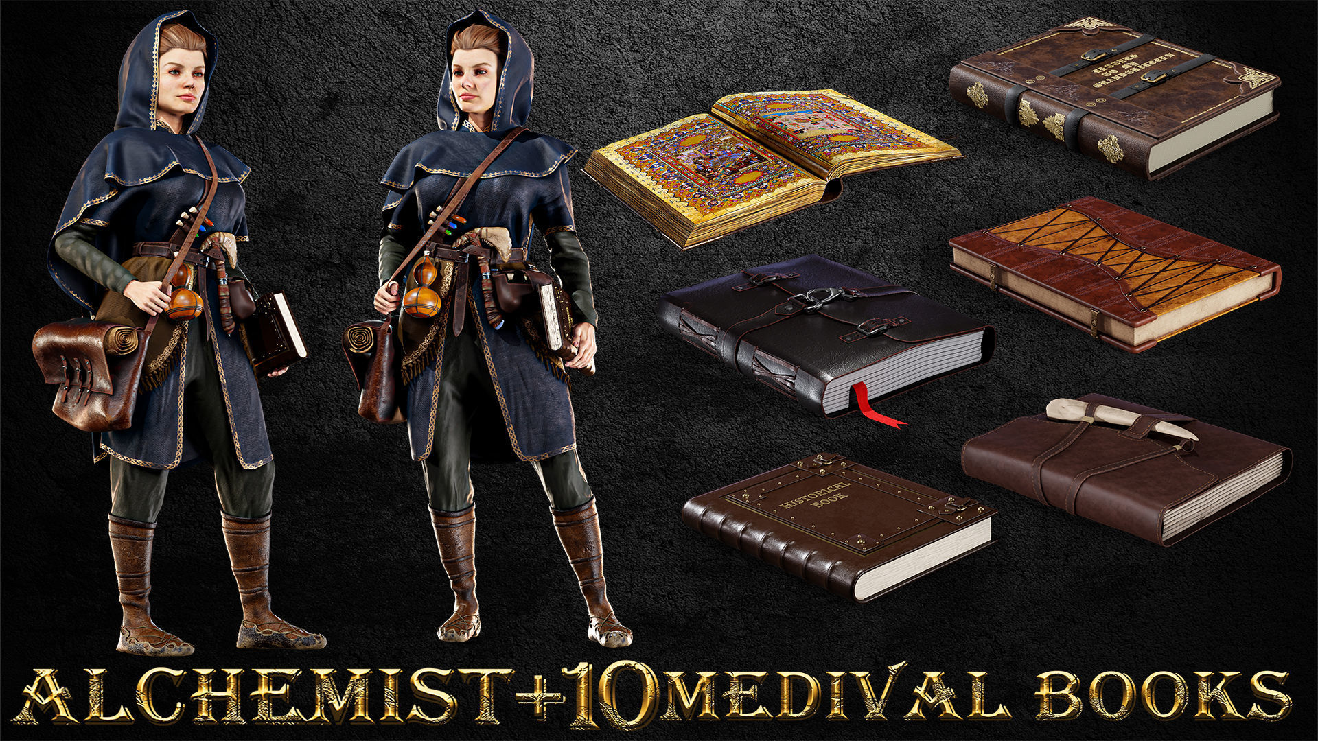 3D model ALCHEMIST WITH 10 MEDIVAL BOOKS VR / AR / low-poly | CGTrader