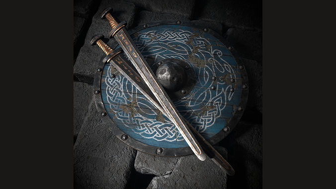 3D model Viking sword and shield with Midgard serpent VR / AR / low ...