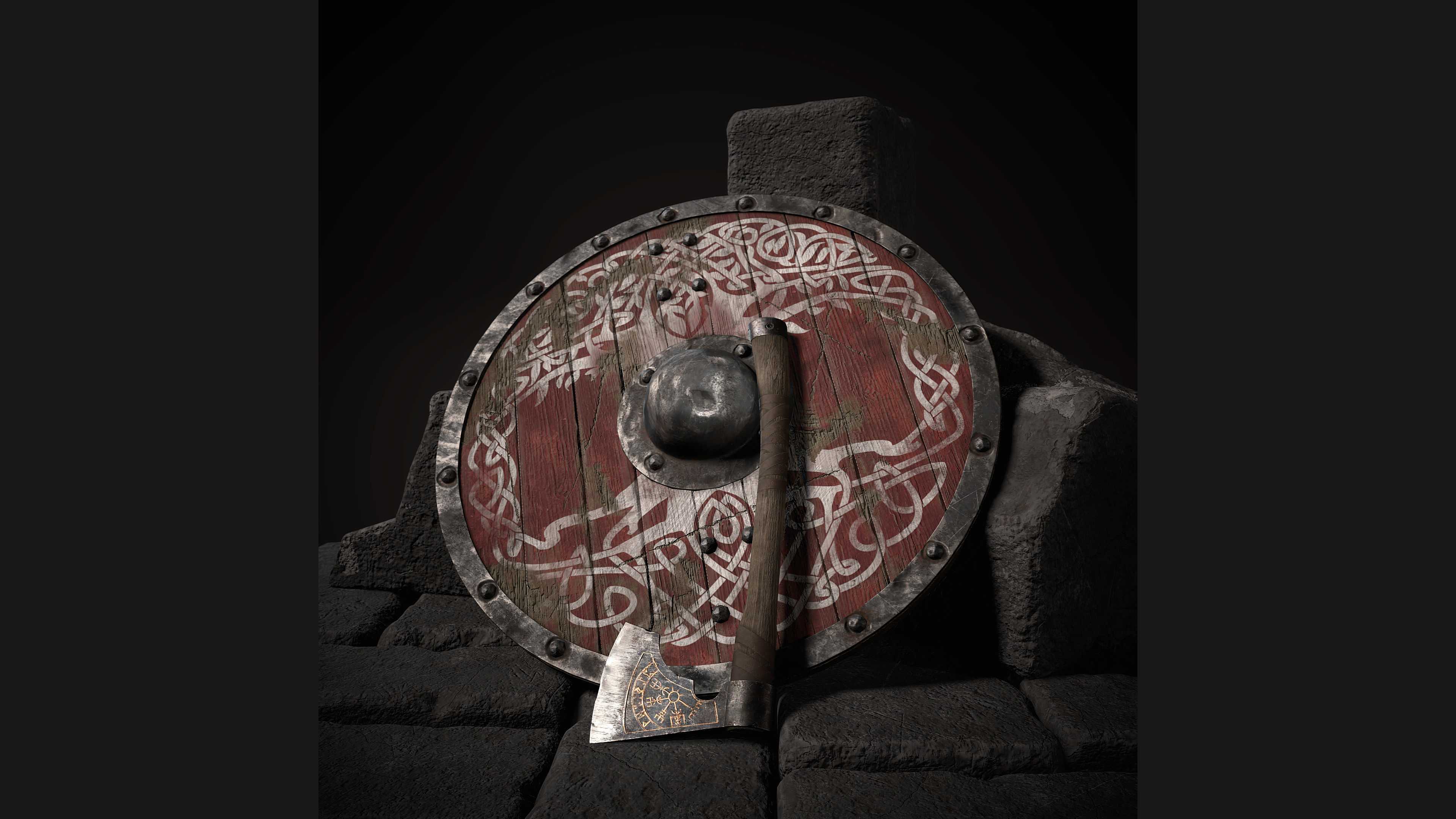 3D model Viking axe and shield with Yggdrasil VR / AR / low-poly | CGTrader