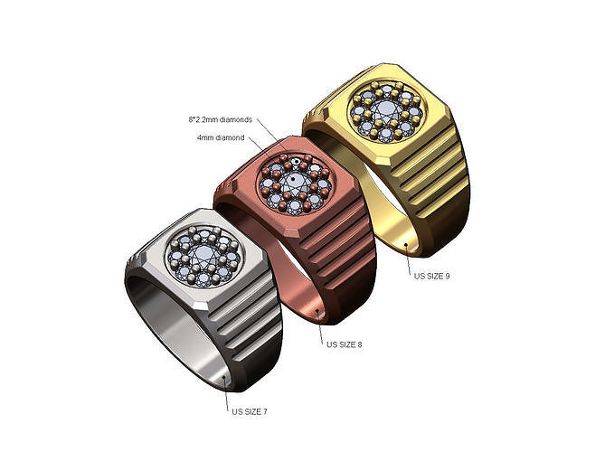 Square top round cluster diamond undulated signet US sizes 7 8 9 3D ...