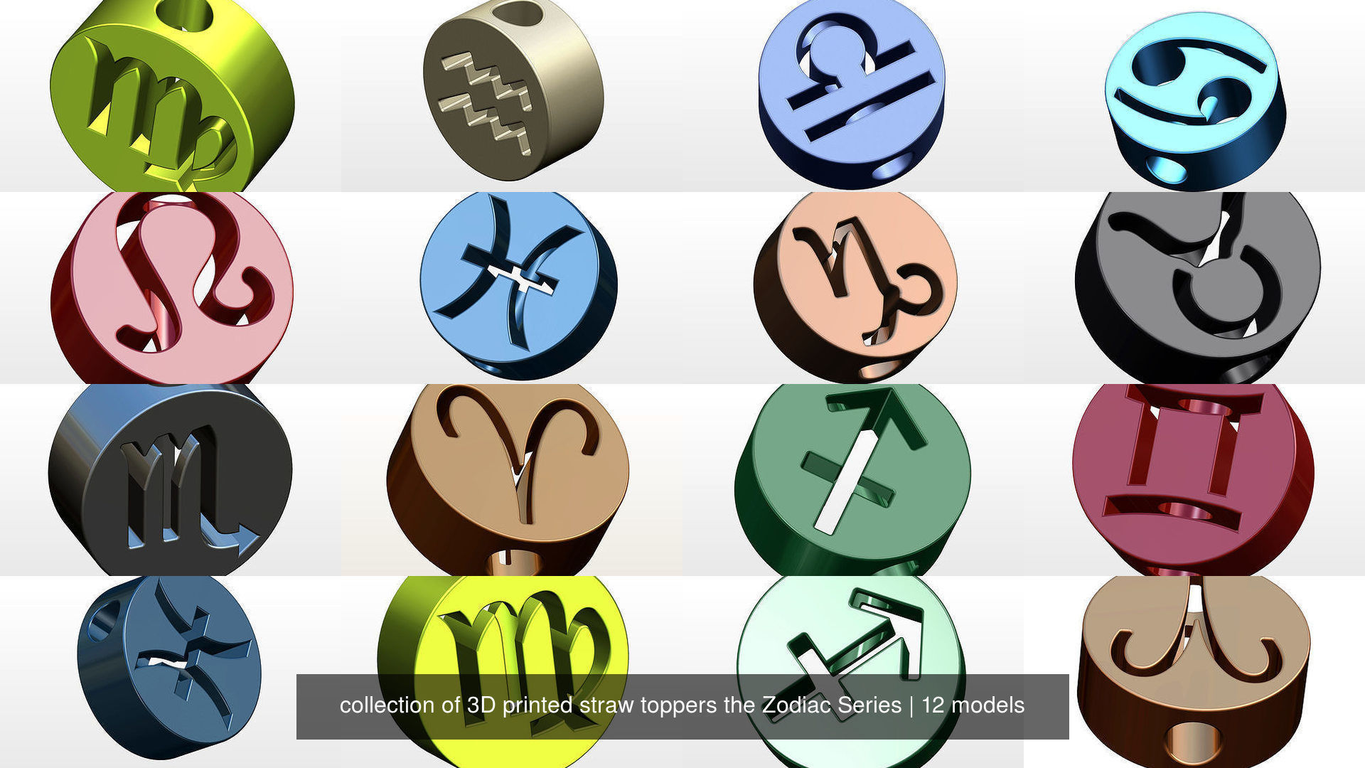 collection of 3D printed straw toppers the Zodiac Series | CGTrader