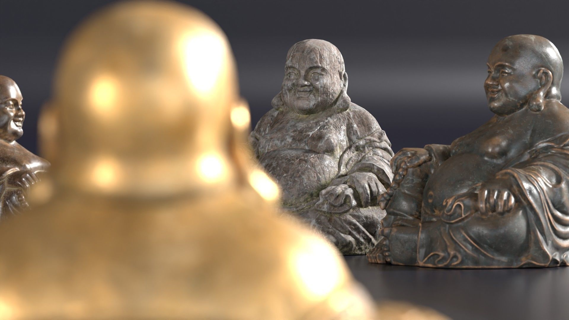 3D model Buddha Budai Statue set of 5 gold stone ivory lavastone clay ...