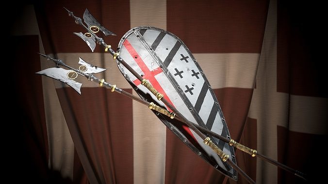 3D model Medieval templar battle halberd and Big knight shield pack VR ...