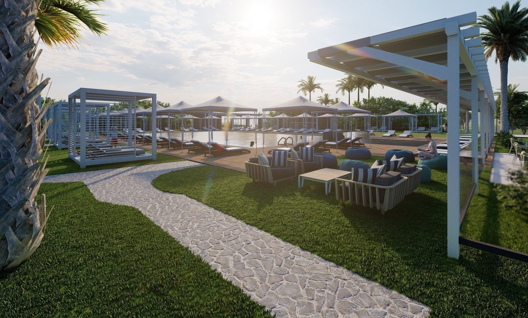 Hotel Pool Area with bar seating sunshade sunbed and lounge 3D model ...