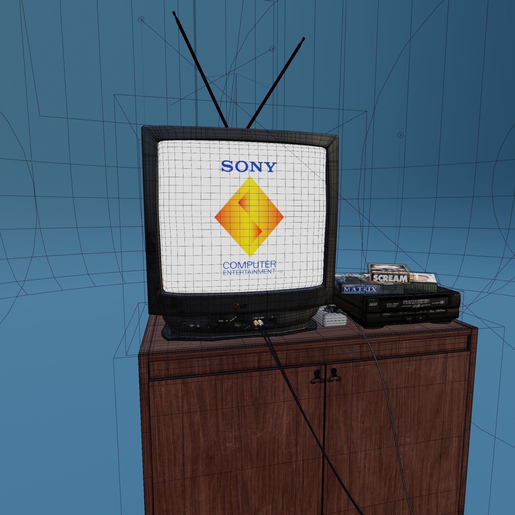 Sony PlayStation one in retro setting with a TV and VHS playe 3D model ...