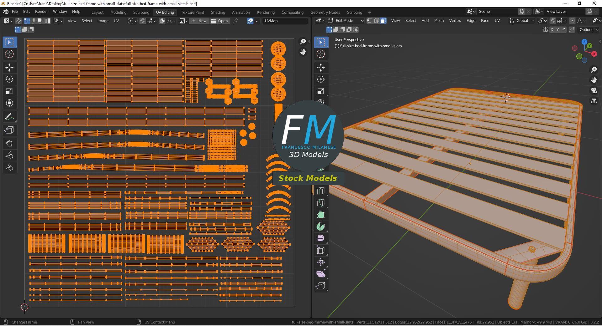 Full size bed frame with small slats 3D model | CGTrader