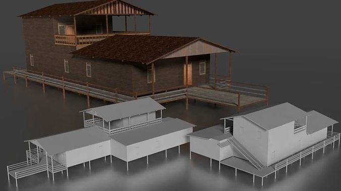 Rumah Kayu Pinggir Sungai Tingkat 001 free VR / AR / low-poly 3D model ...
