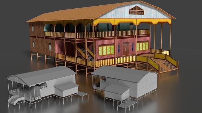 3D model Rumah Kayu Pinggir Sungai Tingkat 011 VR / AR / low-poly ...