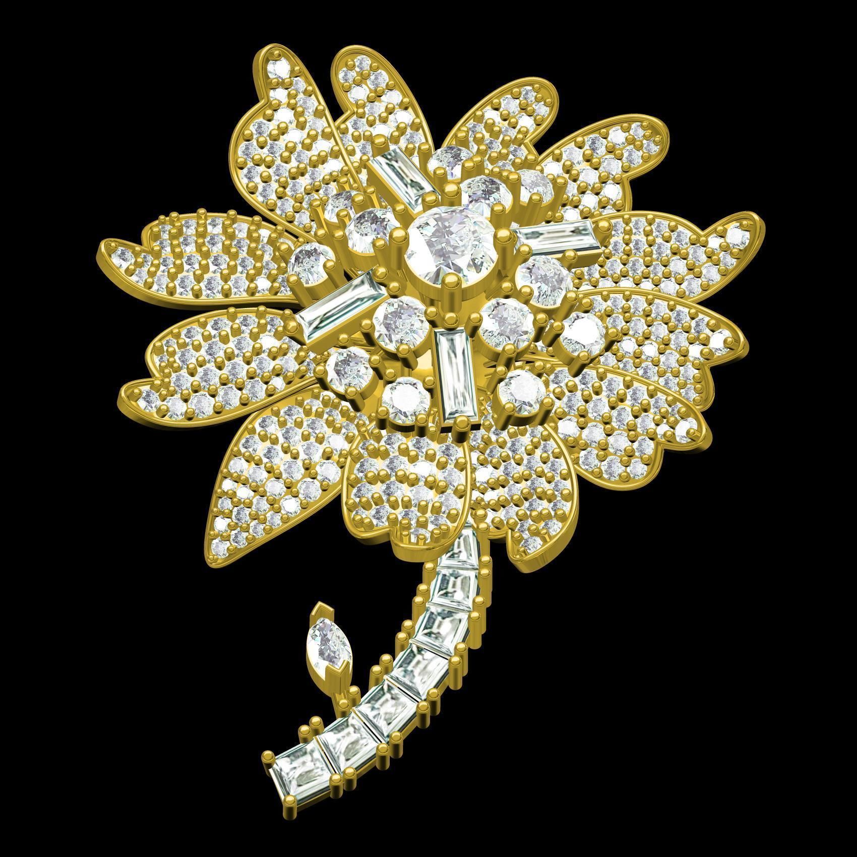 Floral Design Diamond Brooch 3D model 3D printable | CGTrader