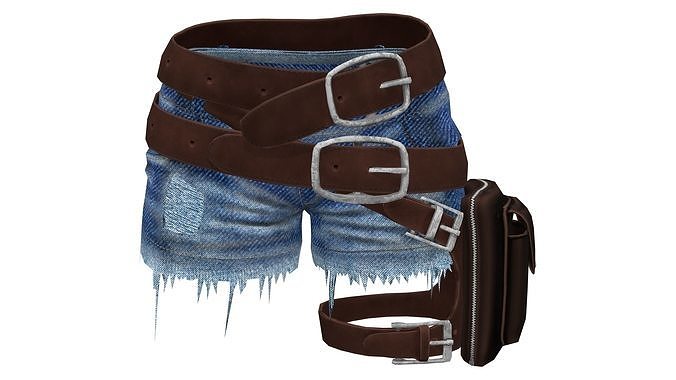 3D model Female Torn Mini Denim Short With Utility Pocket and Belts VR ...