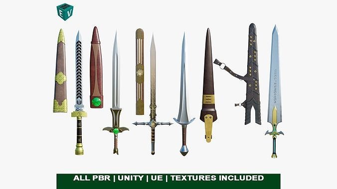 3D Model Collection 5 Fantasy Swords All PBR Unity UE Textures Included VR / AR / low-poly ...