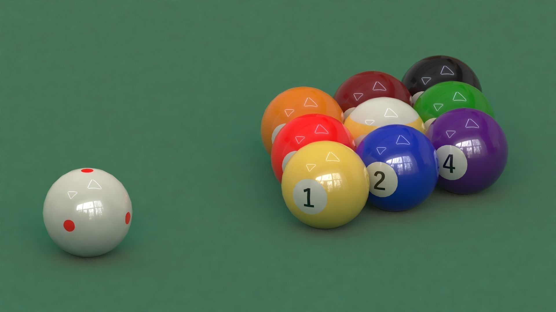 9 billiards balls aligned and Aramith cue ball with 6 red points 3D ...