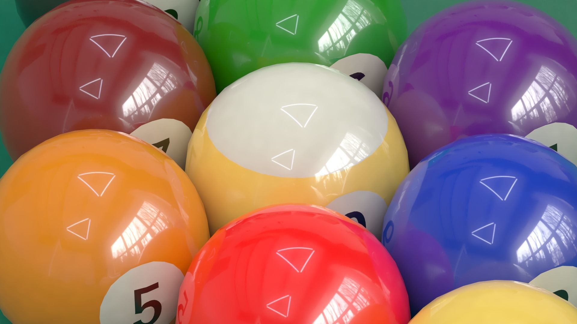 9 billiards balls aligned and Aramith cue ball with 6 red points 3D ...