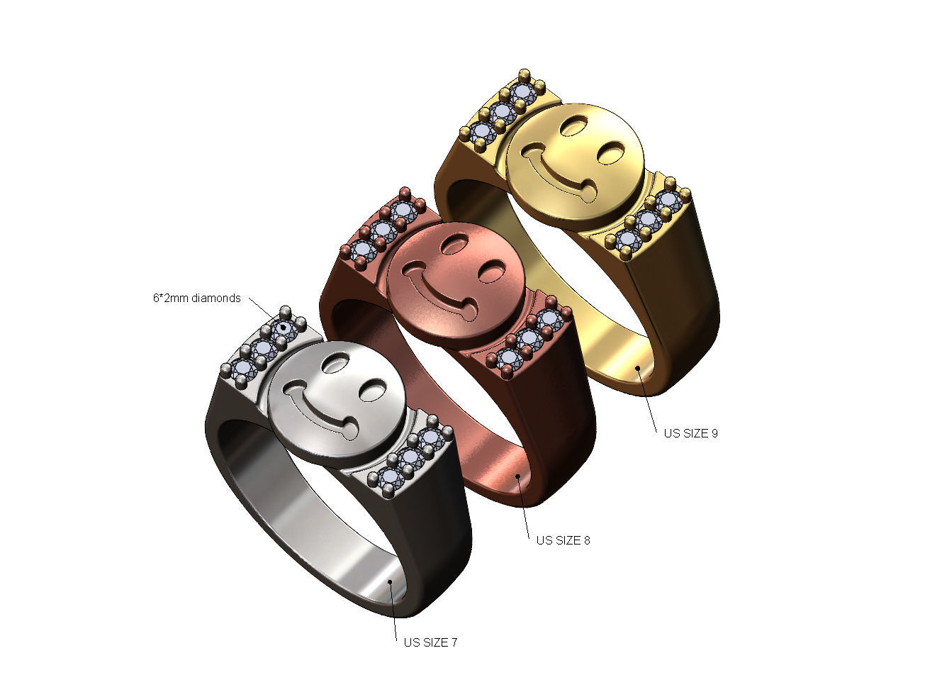 Smile emoji face diamond sides ring US sizes 7 8 9 3D model 3D ...