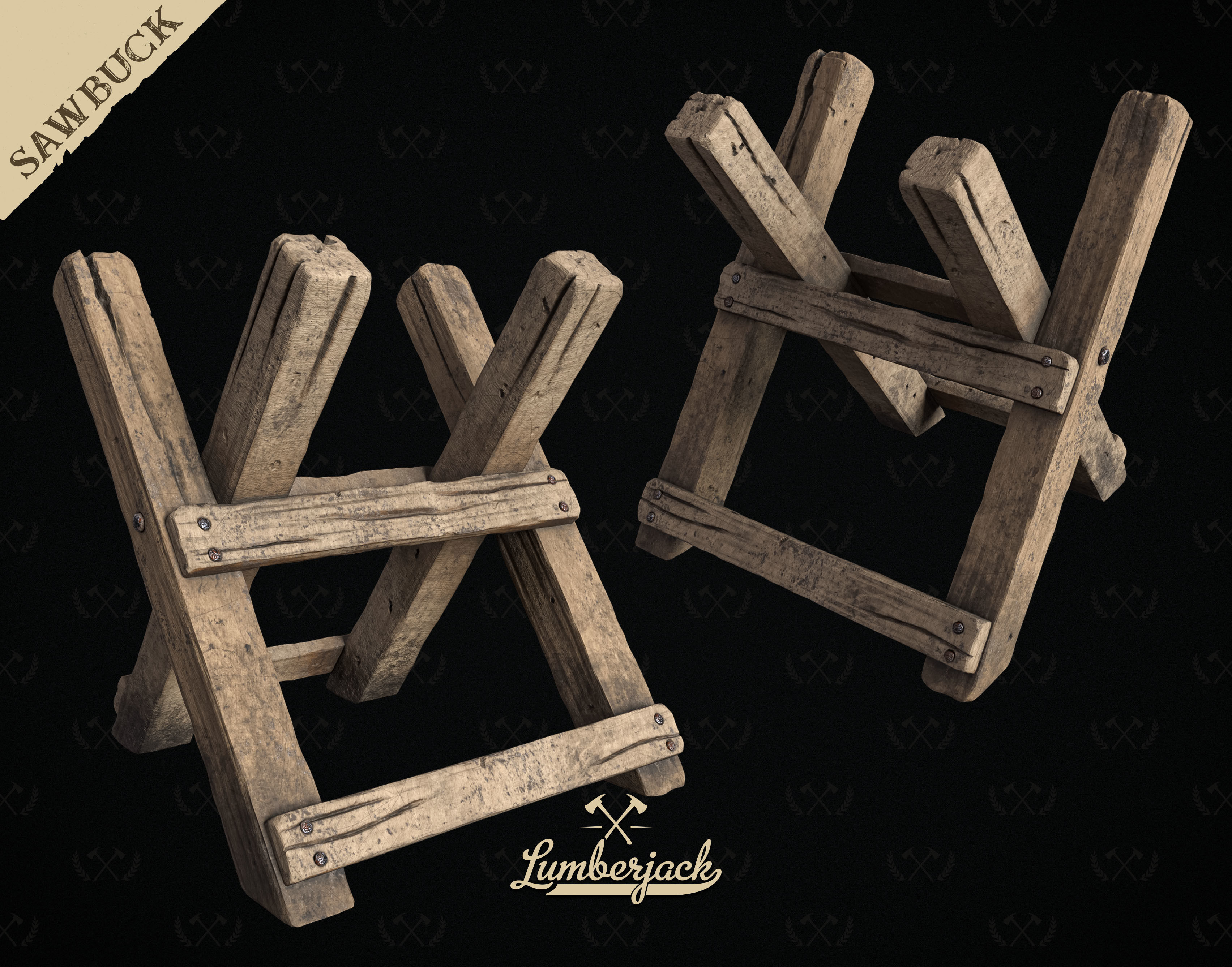 Sawbuck Wood Cutting Table - Diorama and Miniature - Lumberjack 3D ...