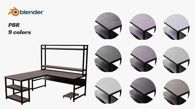3D model L shaped desk with shelf in color variations VR / AR / low ...