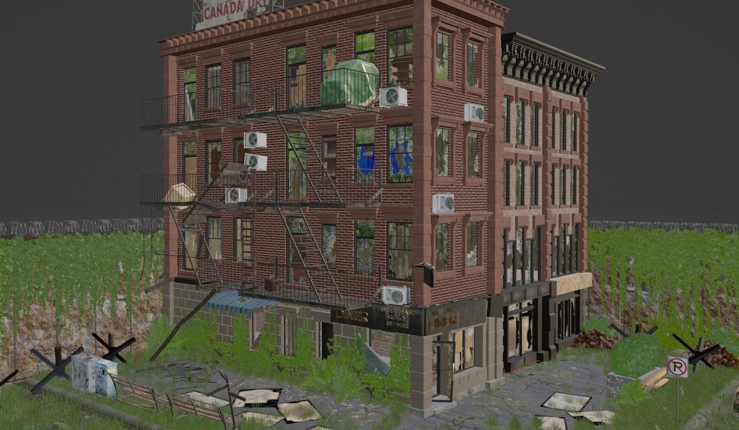 Post apocalyptic abandoned brick building 3D model | CGTrader