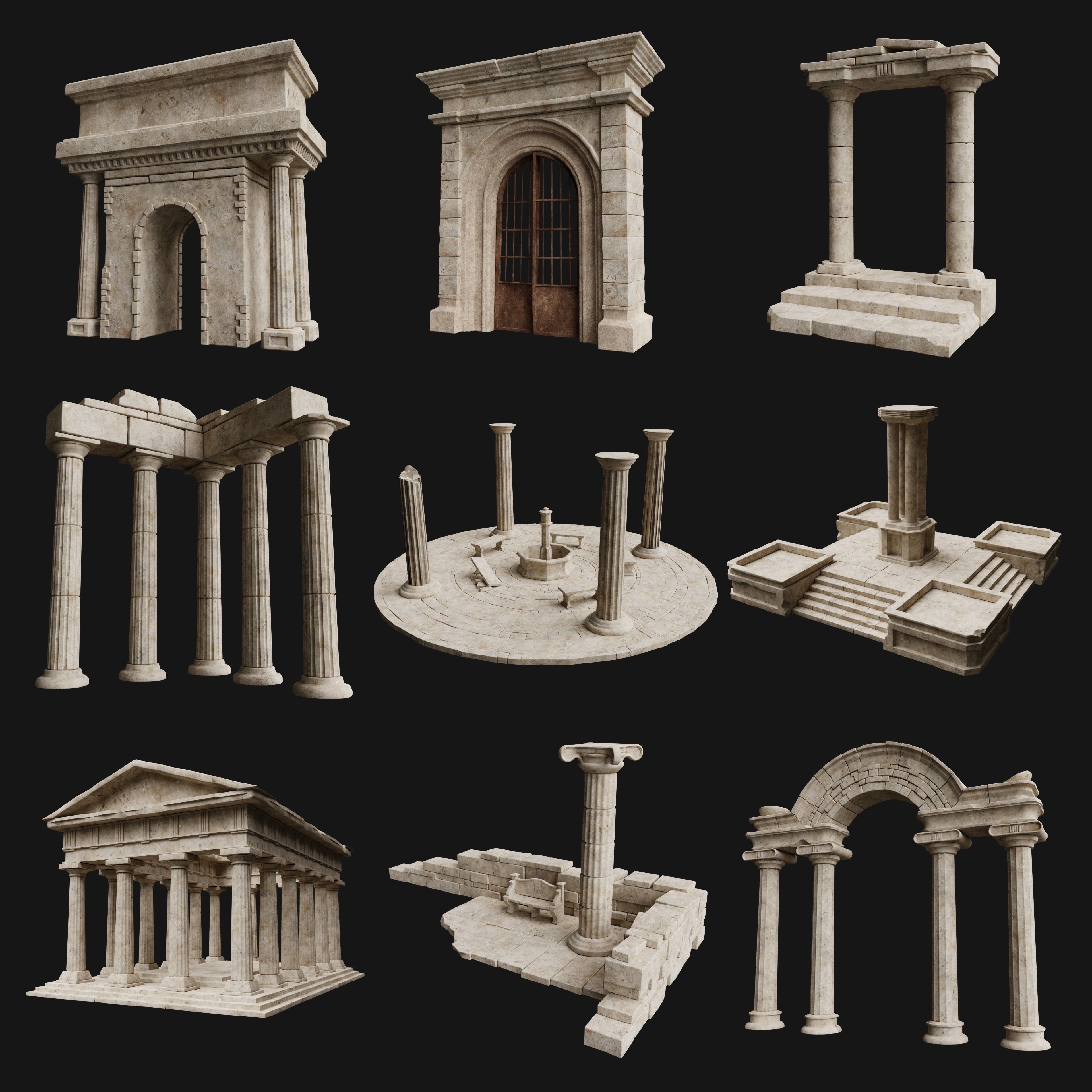 3D model ANCIENT RUIN GREEK ROMAN TEMPLE MONUMENT STATUE COLUMN PACK VR ...