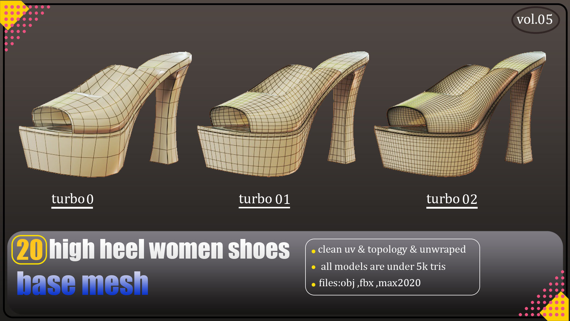 3D model 20 high heel women shoes lowpoly basemesh VR / AR / low-poly ...