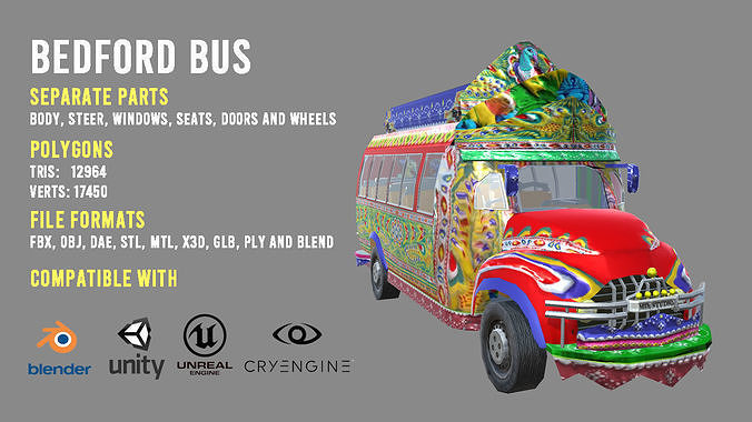 3D model BedFord Bus Pakistani cultural art style VR / AR / low-poly ...