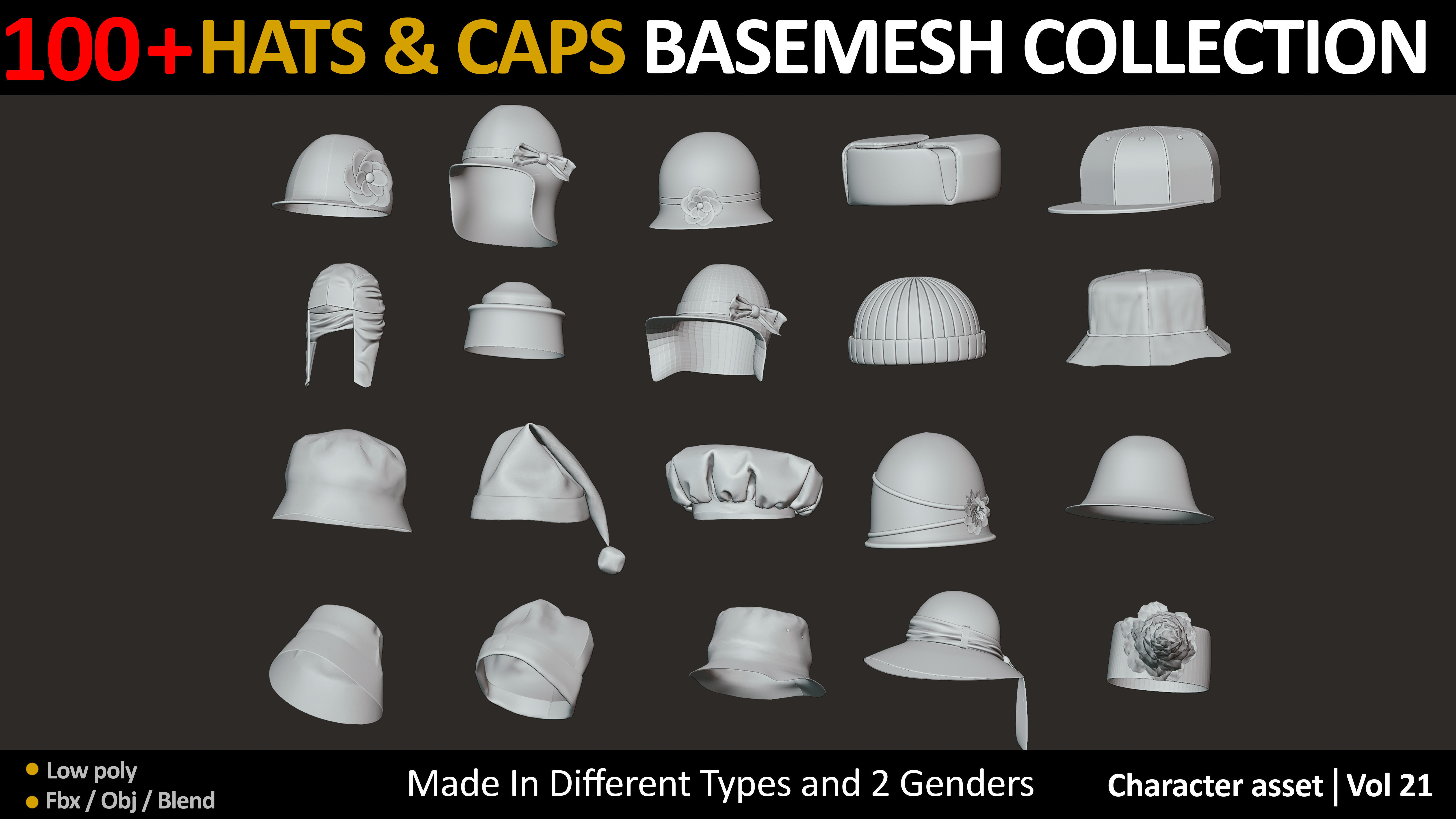 3D model 100 JEFF HATS and CAPS VR / AR / low-poly | CGTrader