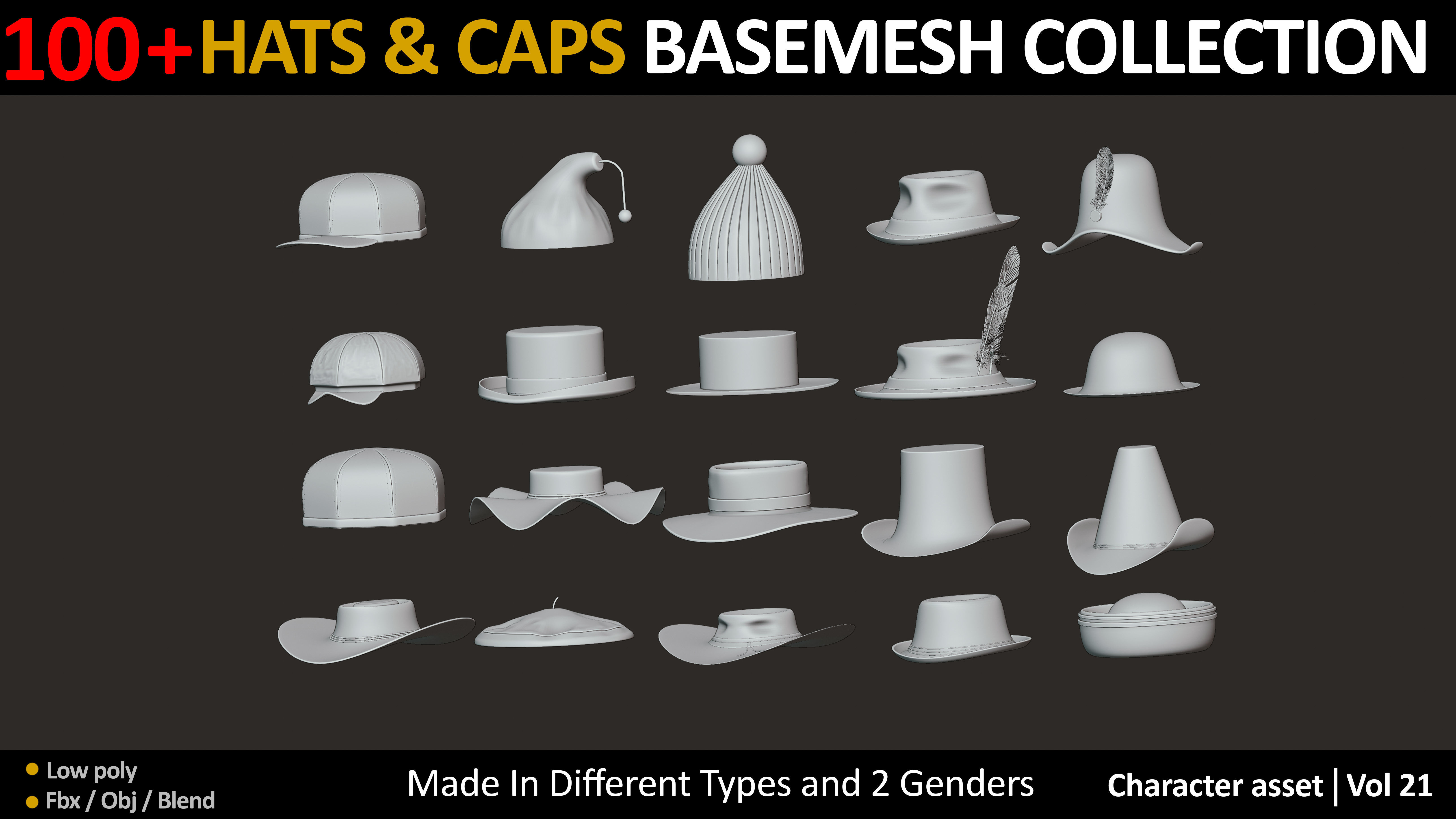 3D model 100 JEFF HATS and CAPS VR / AR / low-poly | CGTrader