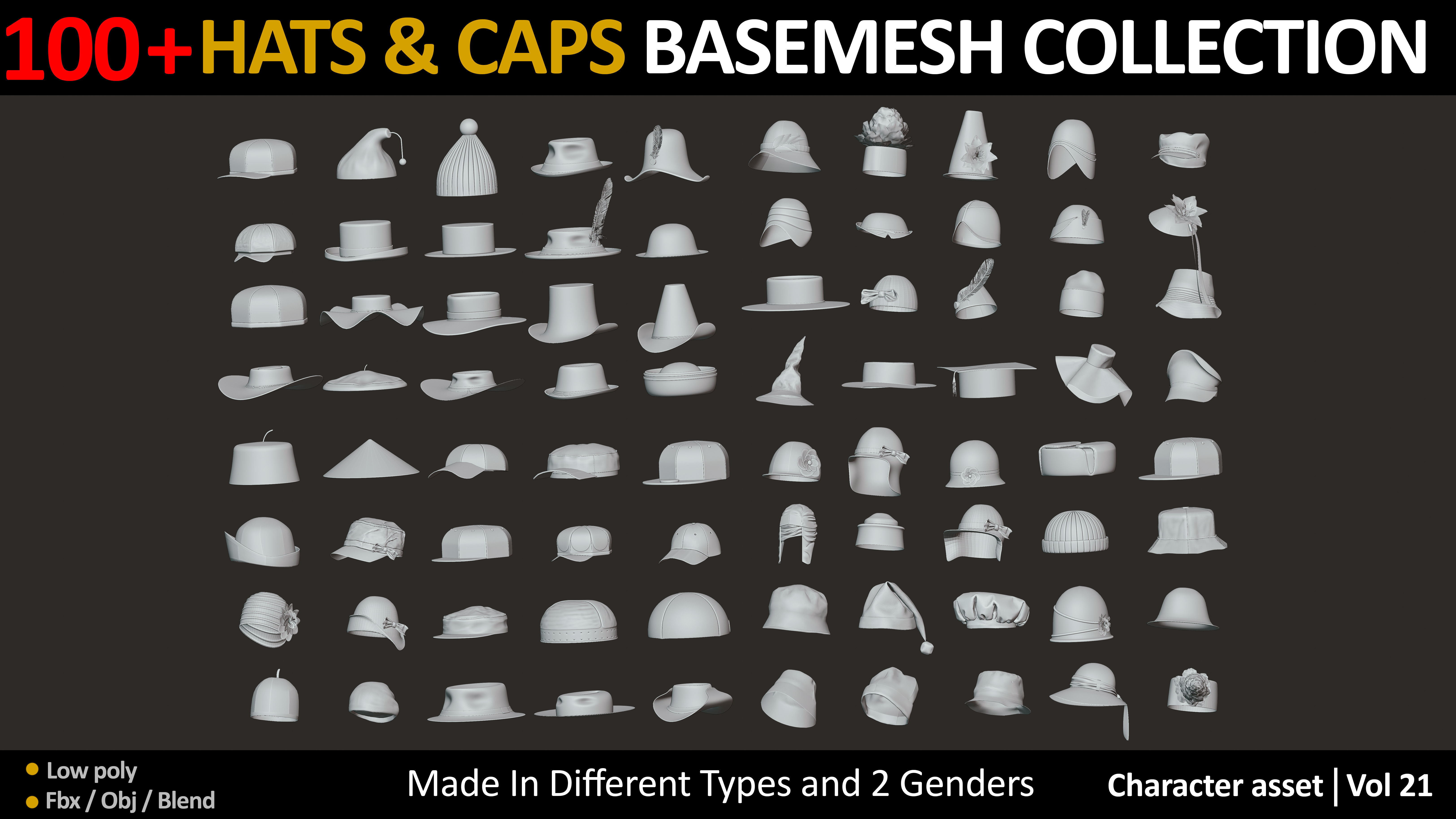 3D model 100 JEFF HATS and CAPS VR / AR / low-poly | CGTrader