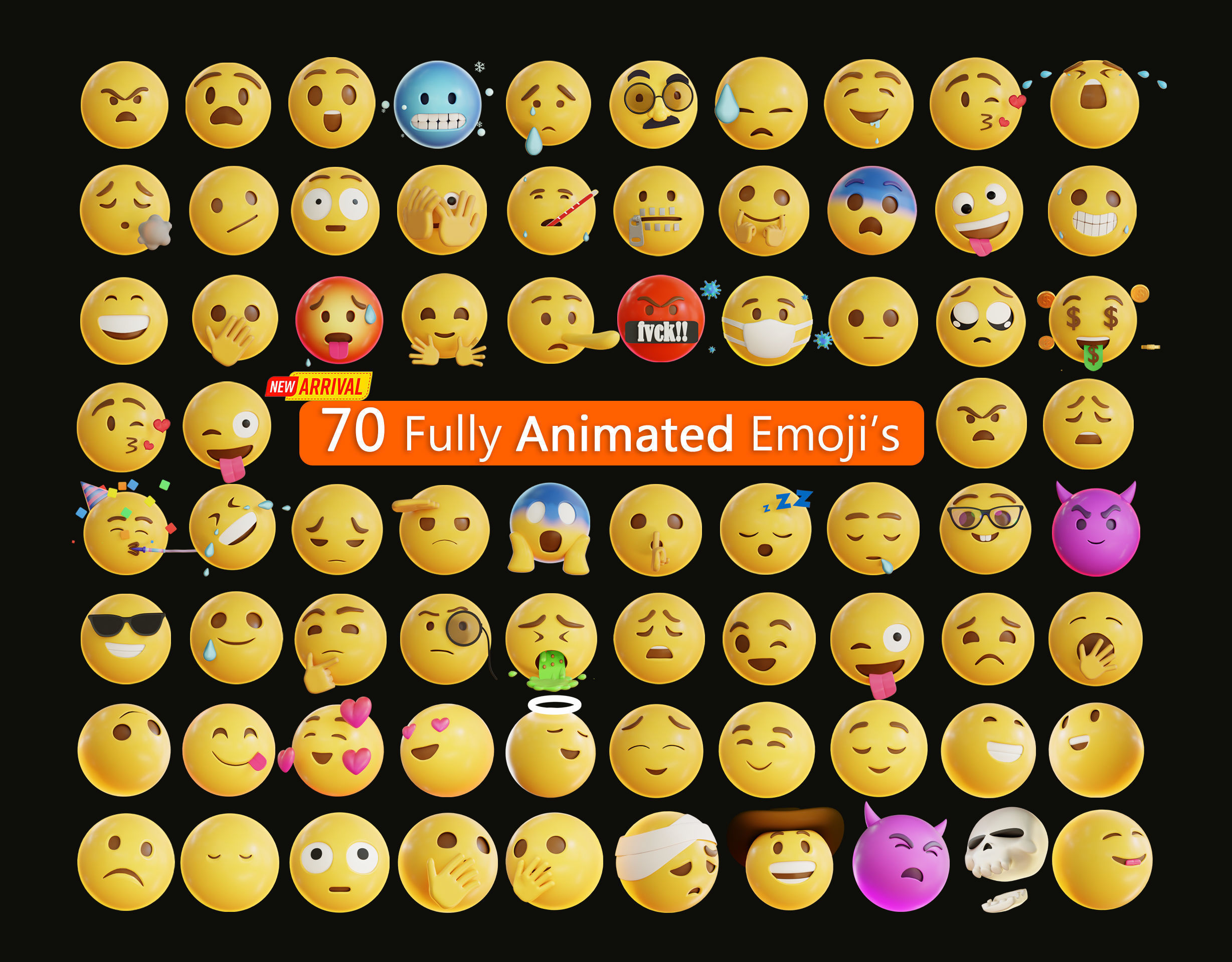 3D model 70 fully Animated Smiley Emojis Collection VR / AR / low-poly ...
