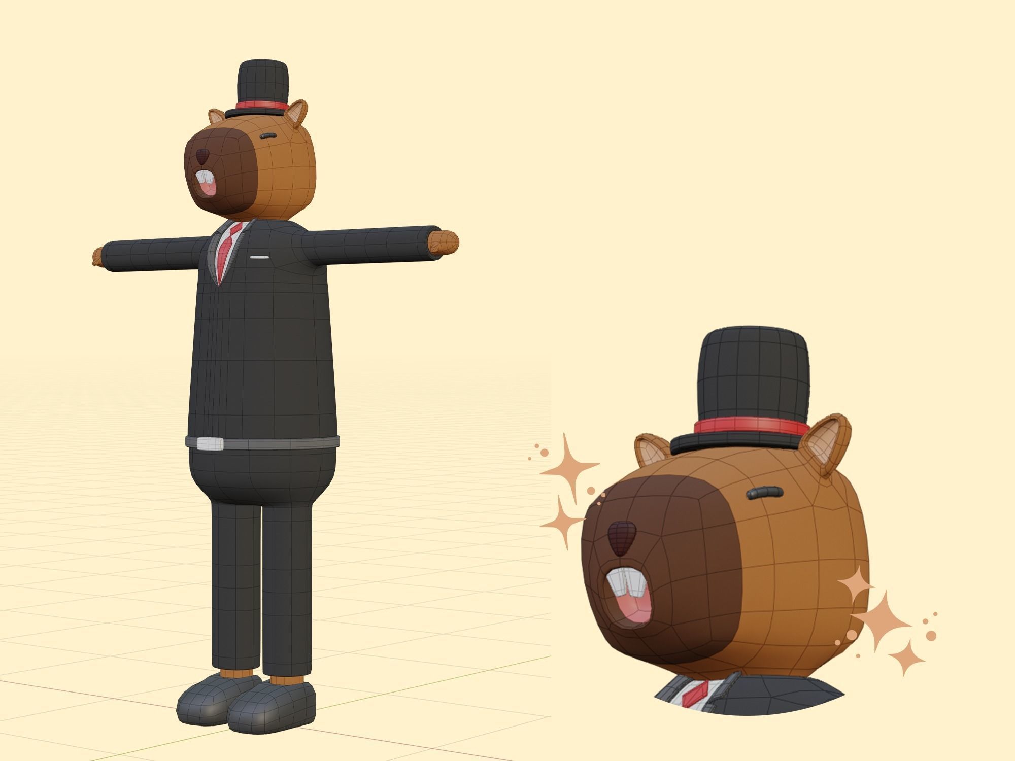 3D model Capybara with suit and Cute long hat Low poly VR / AR / low ...
