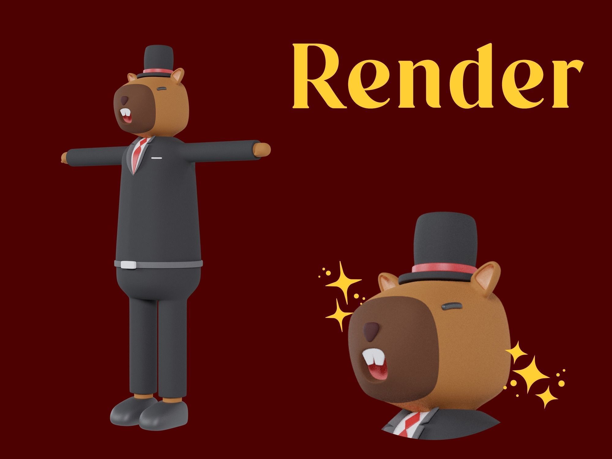 3D model Capybara with suit and Cute long hat Low poly VR / AR / low ...