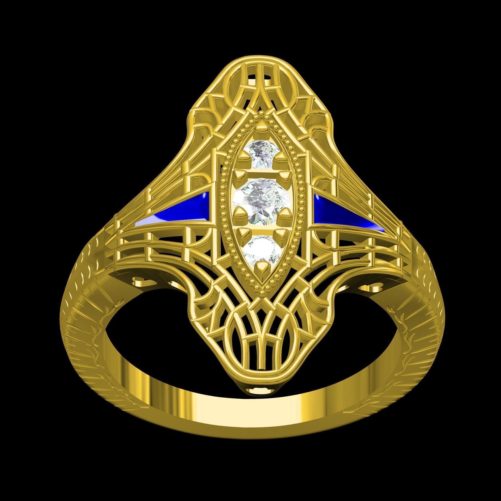 Three Round and Two Trillion Stone Art Deco Engagement Ring 3D model 3D ...