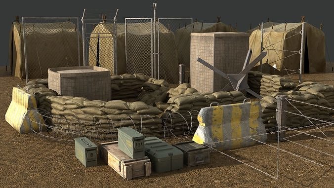 3D model Military Barricade tent sandbag Barbwire Barricade VR / AR ...