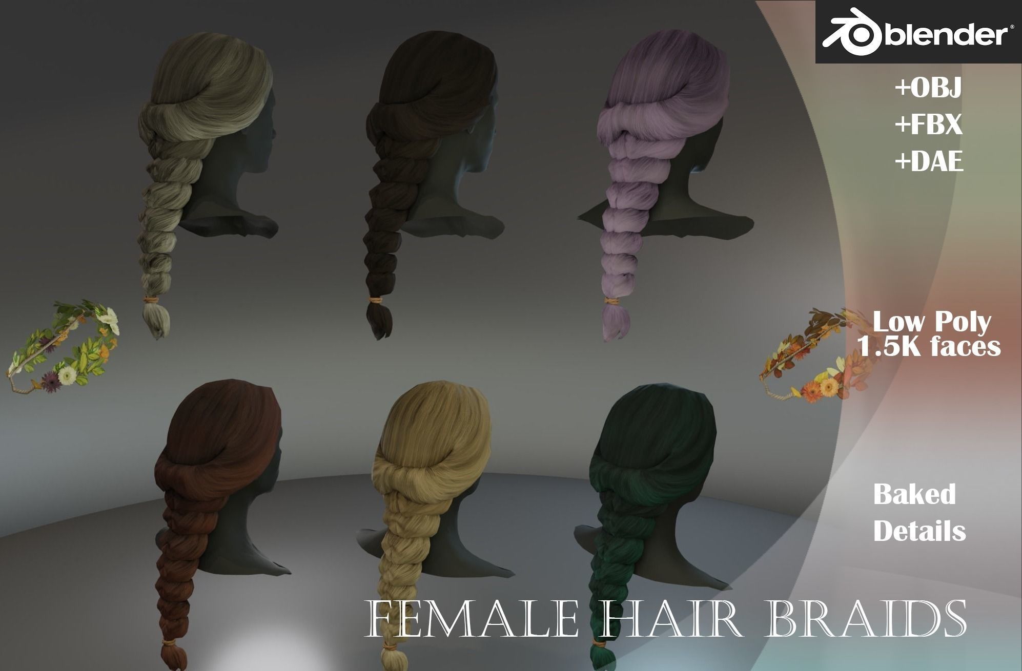 3D model Low poly Braided Hair with Flower Crown VR / AR / low-poly ...
