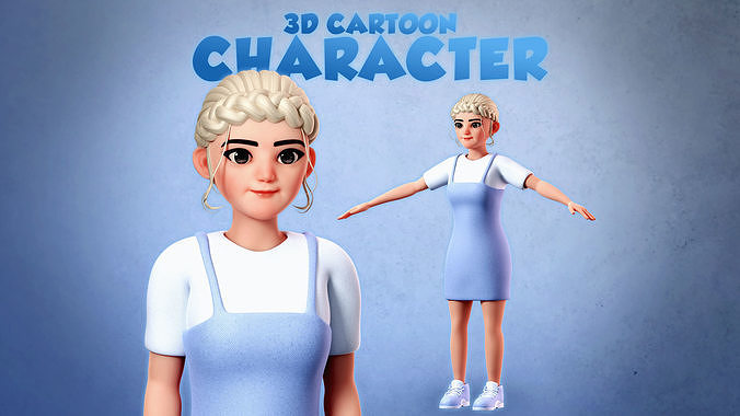 3D Cartoon Character - Cute Female Character with blue cloths 3D model ...