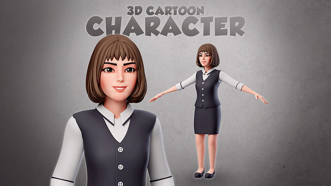 3D Cartoon Character - Cute woman with formal dressed 3D model rigged ...