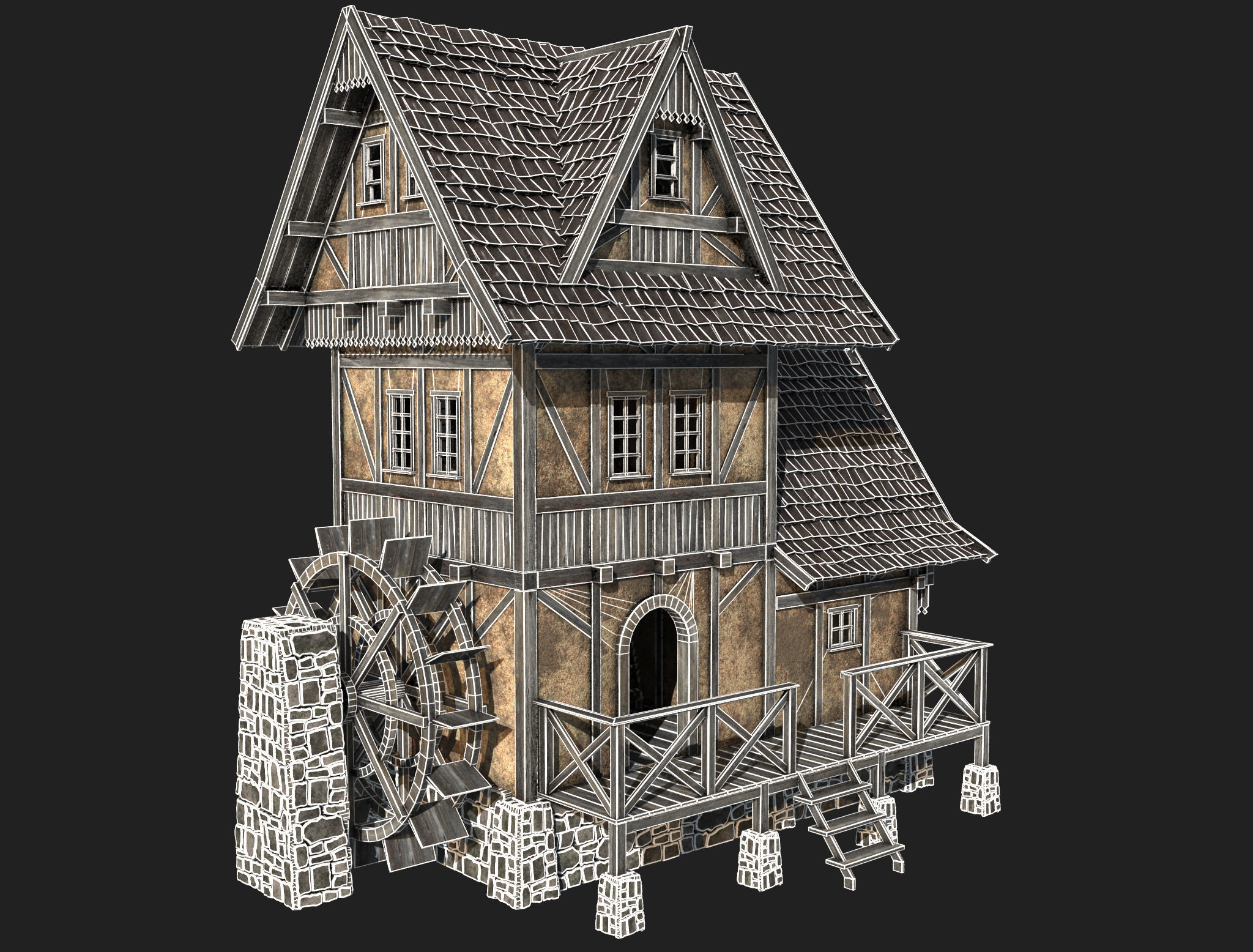 3D model FANTASY WATERMILL MEDIEVAL BUILDING HOUSE HUT TOWN COLLECTION ...