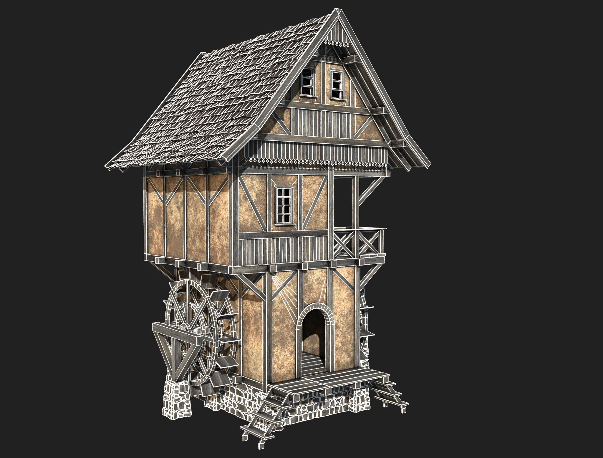 3D model FANTASY WATERMILL MEDIEVAL BUILDING HOUSE HUT TOWN COLLECTION ...