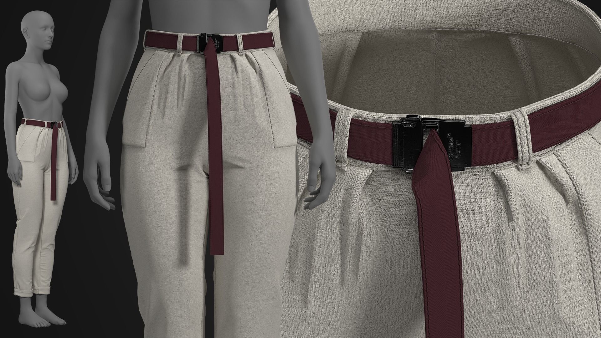 Canvas Pants with Belt Fitted to Gen8 Body Mesh 3D model | CGTrader